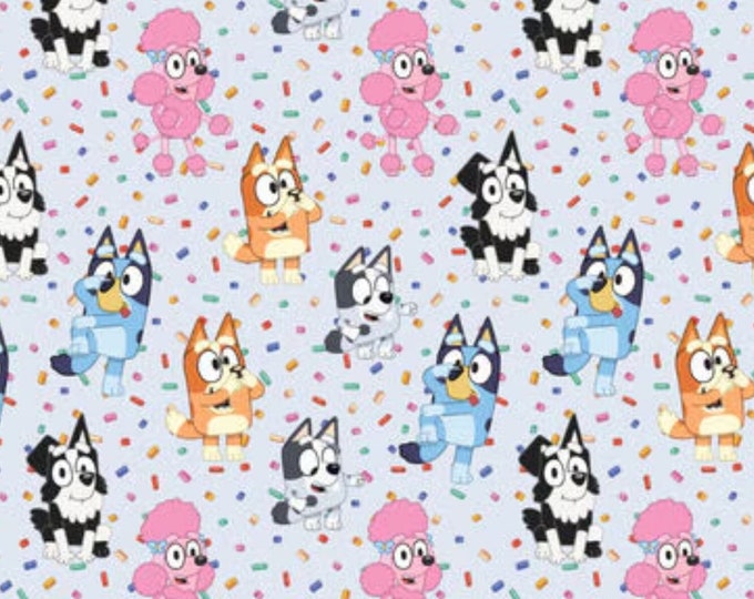Bluey Fabric, Disney Junior Bluey and Friends Sprinkles on Light Blue ...