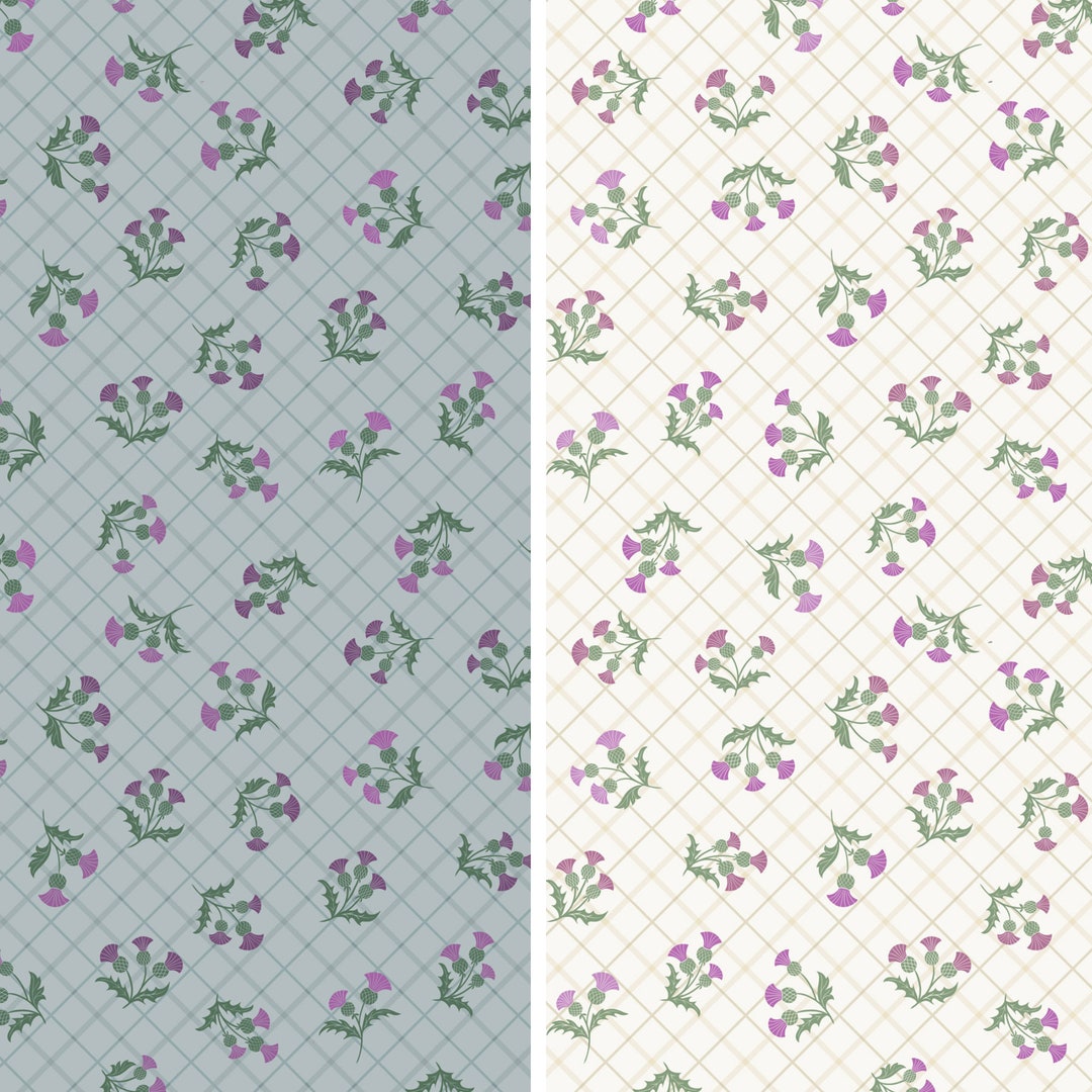 Thistle Fabric, Thistle on Mist Blue or Cream Check Small Things Celtic ...