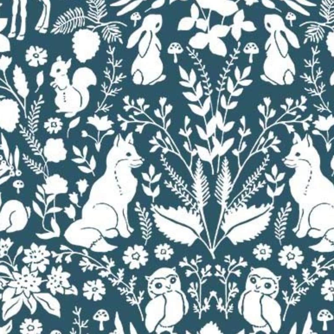 Woodland Animal Fabric, Monotone Forest in Spruce Green Midnight Forest ...