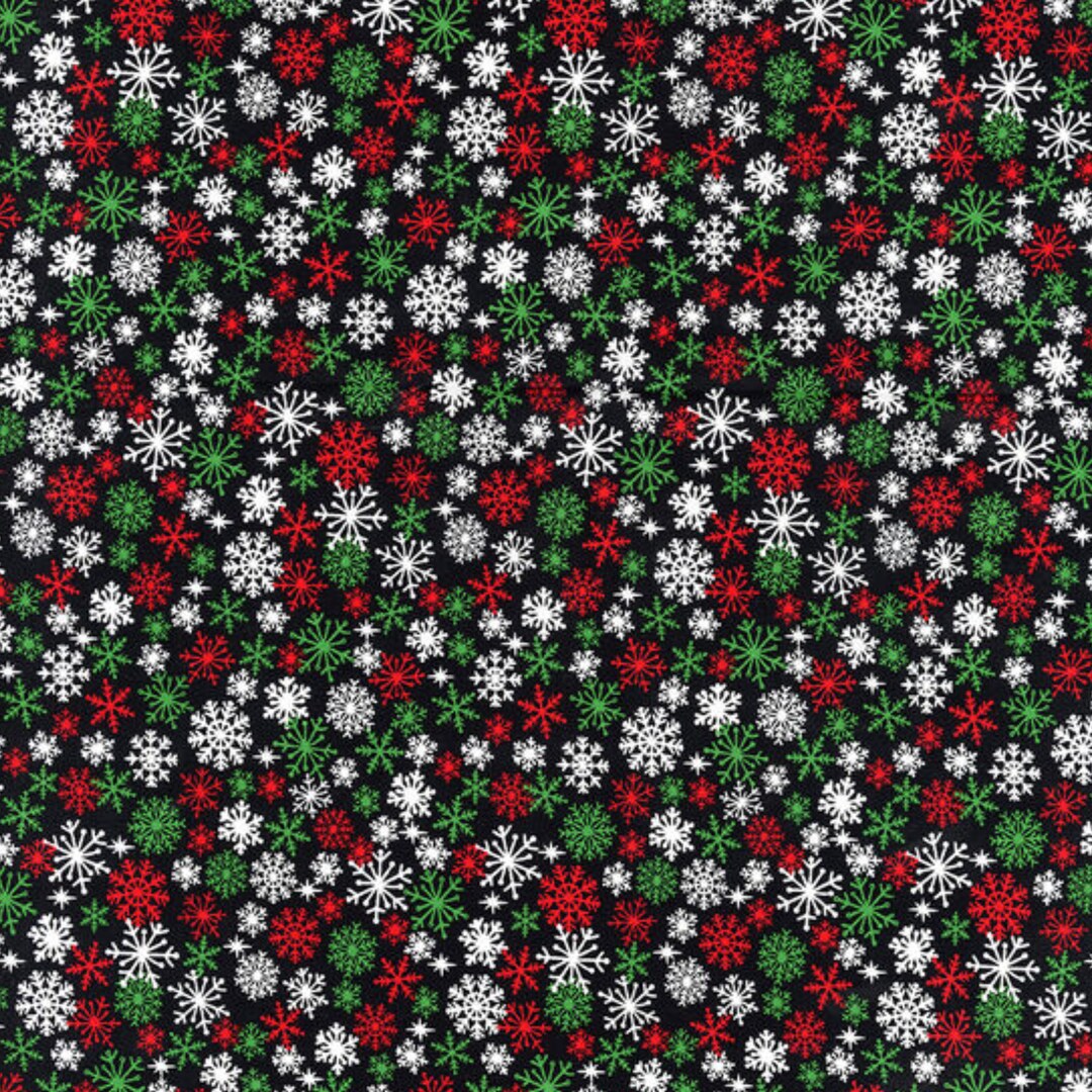 Snowflake Fabric, Red Green and White Snowflakes on Black Christmas ...