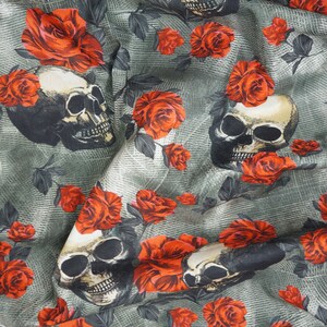 Skulls and Roses Fabric, Tossed Skulls and Red Roses Novelty Cotton ...