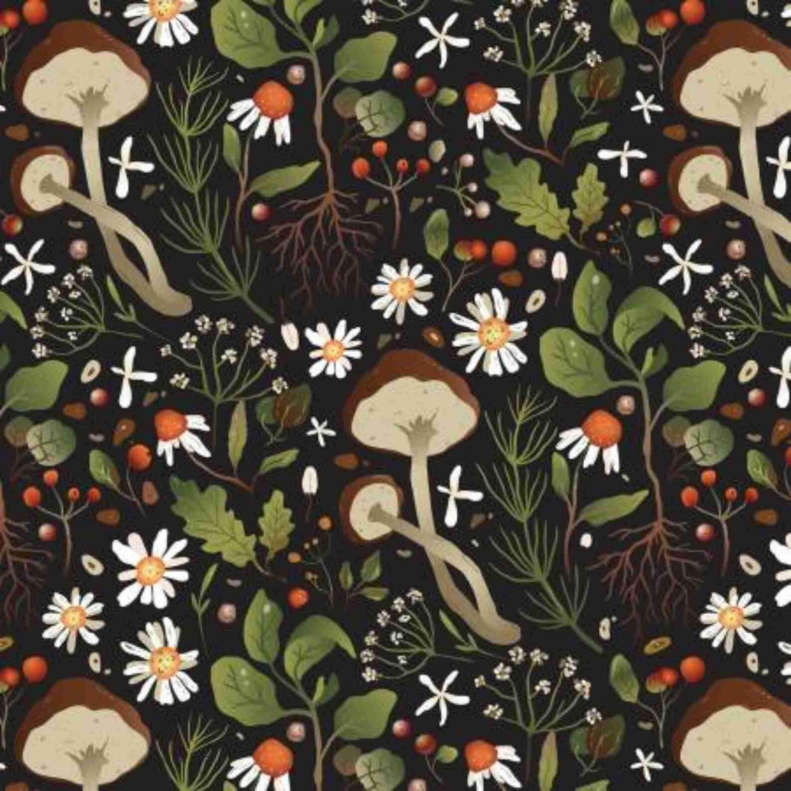 Mushroom Floral Fabric, Woodland Mushrooms on Black by David Textiles ...