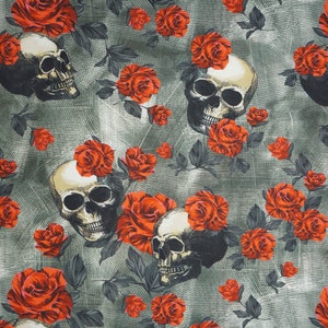 Skulls and Roses Fabric, Tossed Skulls and Red Roses Novelty Cotton ...