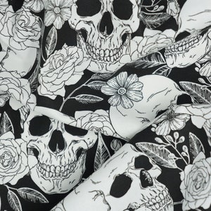 Skulls and Roses Fabric, Skulls and Roses in Black and White by Fabric ...