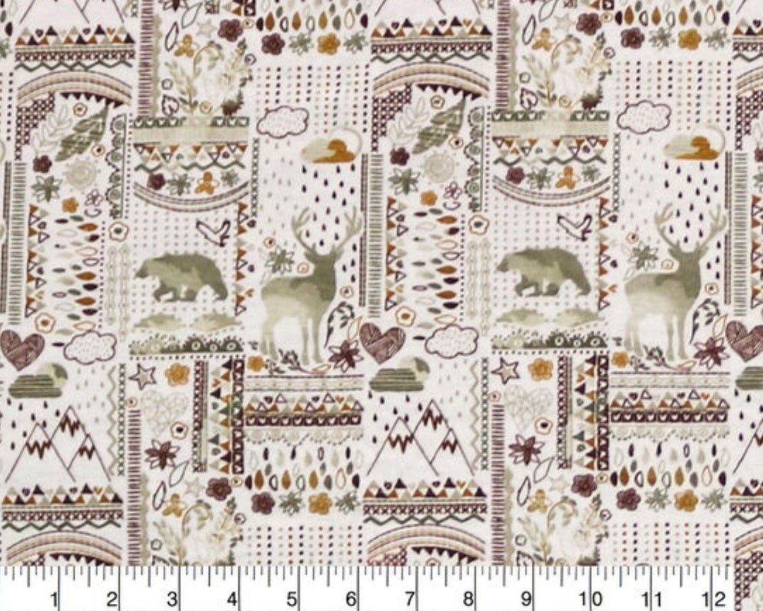 Woodland Animal Flannel Fabric, Bohemian Nature Neutral on White ...