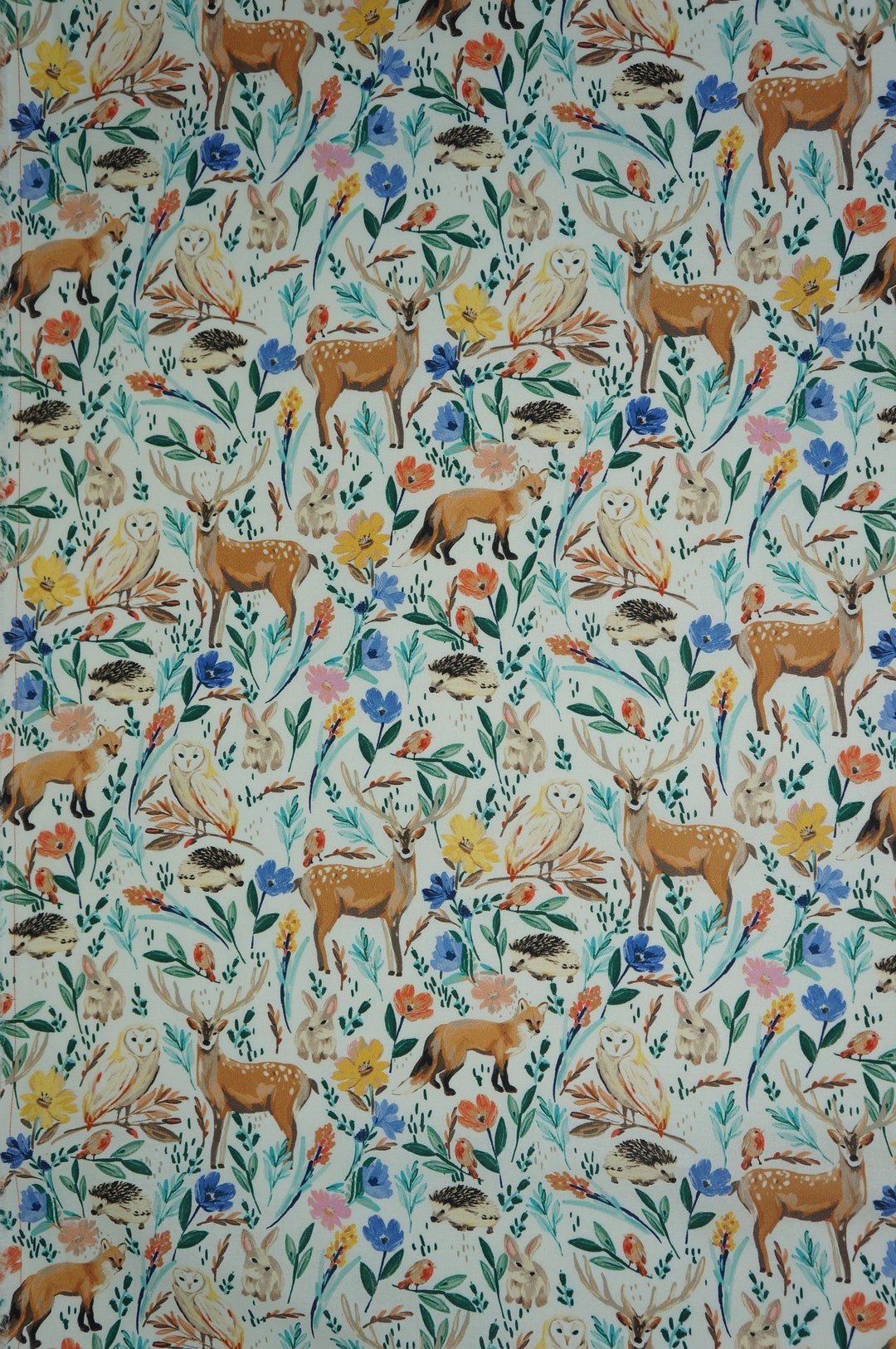 Woodland Animal Fabric, Painted Forest Animals Deer Fox Owl Hedgehog ...