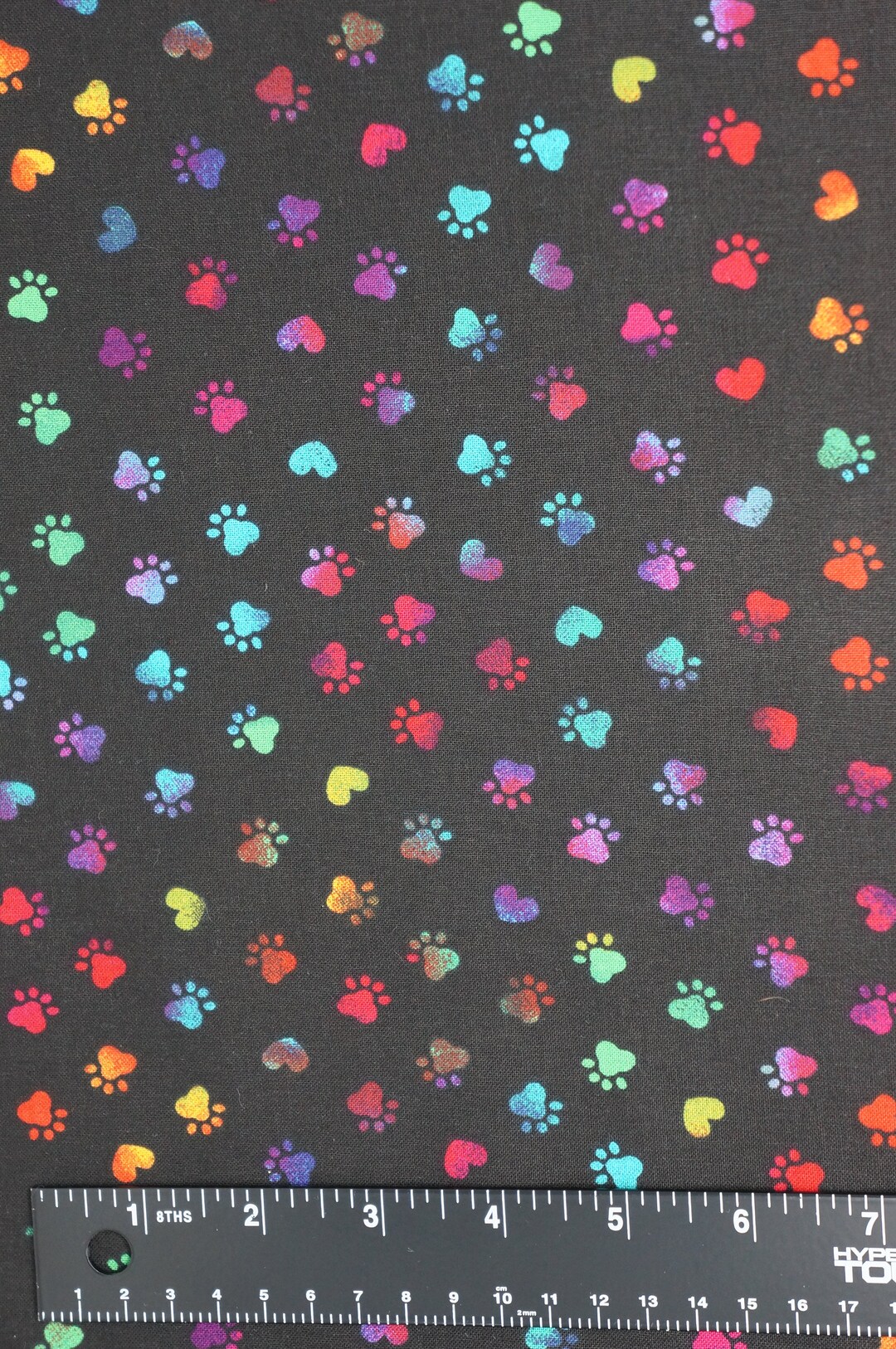 Rainbow Paw Prints and Hearts on Black Quilting Cotton Fabric Novelty ...