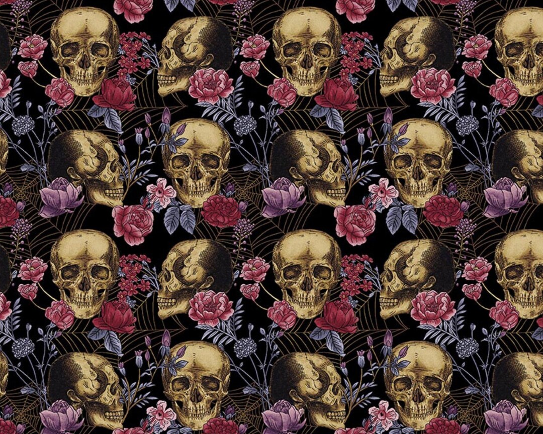 Skulls Fabric, Skulls and Floral Fabric, Black Skulls and Floral Bones ...