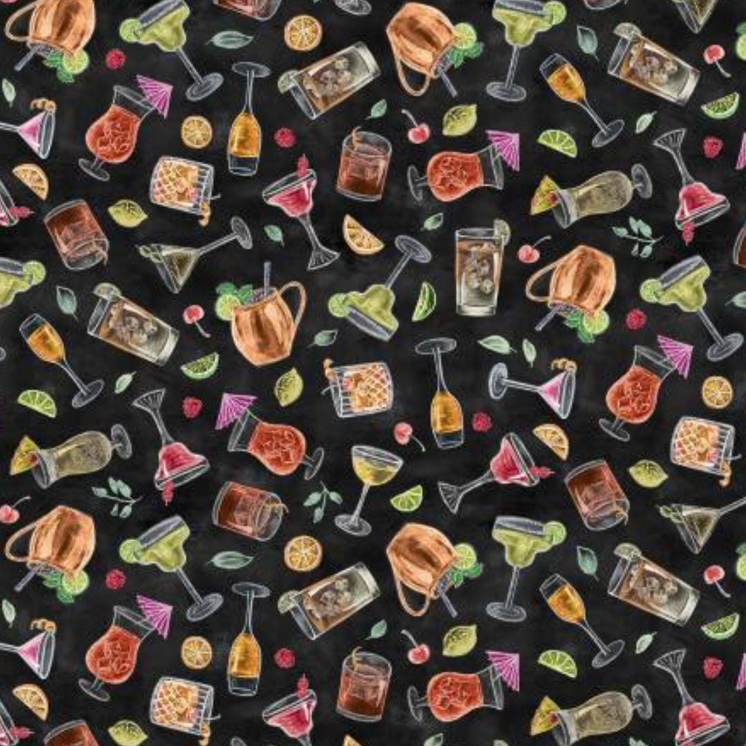 Craft Cocktail Fabric, Craft Cocktails on Black Chalkboard by Michael ...
