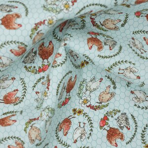 Chicken Fabric, Chickens on a Wire on Light Blue Cottontail Farm by Caverly Smith for 3 Wishes ...