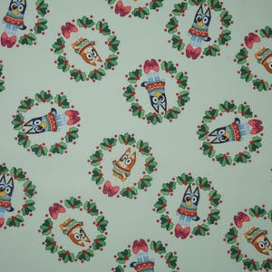 Bluey Christmas Fabric, Bluey and Bingo Wreaths on Light Green Licensed ...
