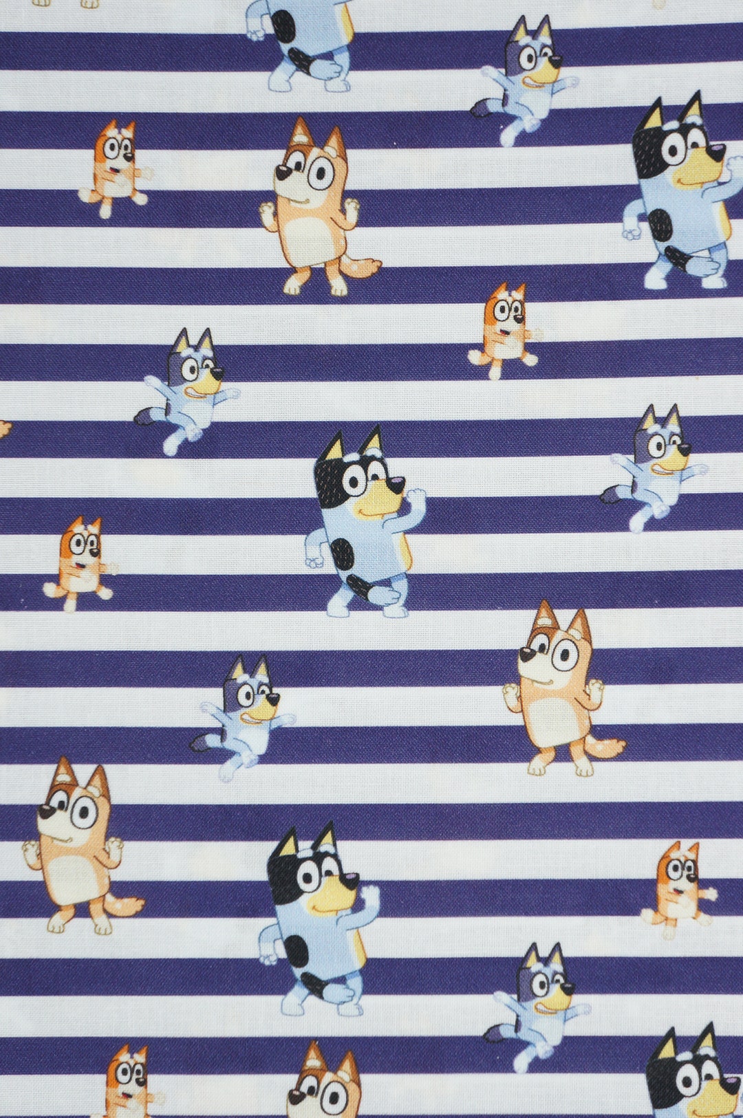 Bluey Fabric, Bluey and Family on White and Blue Stripe Licensed by ...