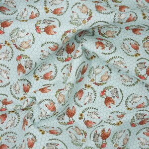 Chicken Fabric, Chickens on a Wire on Light Blue Cottontail Farm by Caverly Smith for 3 Wishes ...