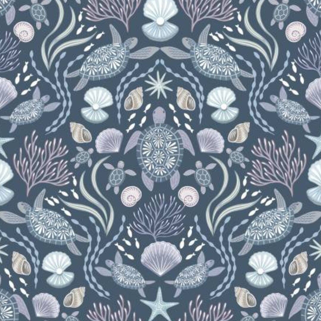 Sea Turtle Fabric, Sea Turtle Family on Dark Blue With Pearlescent ...