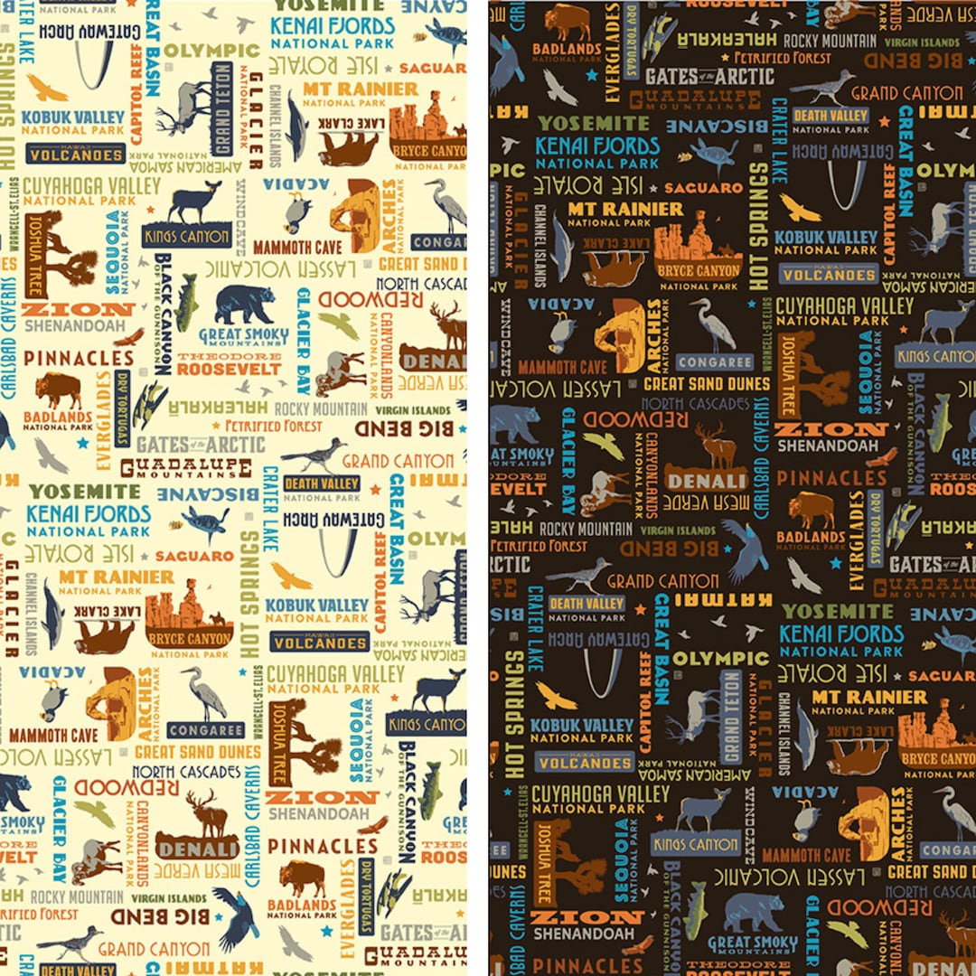 National Park Words Fabric, National Park Words on Black or Cream by ...