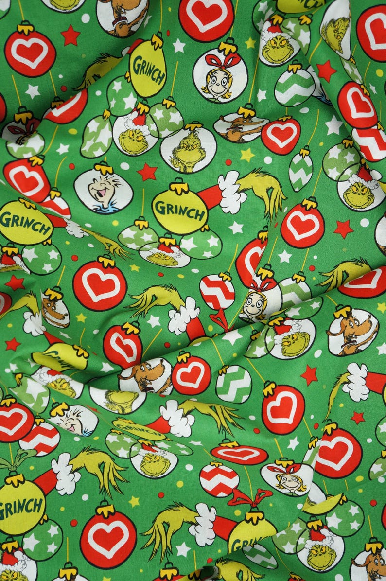 Grinch Fabric, the Grinch Holiday Ornaments on Green by Robert Kaufman ...