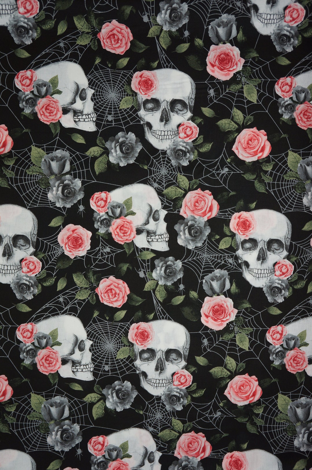 Skulls Fabric, Skulls and Pink Roses on Black Halloween by Fabric ...