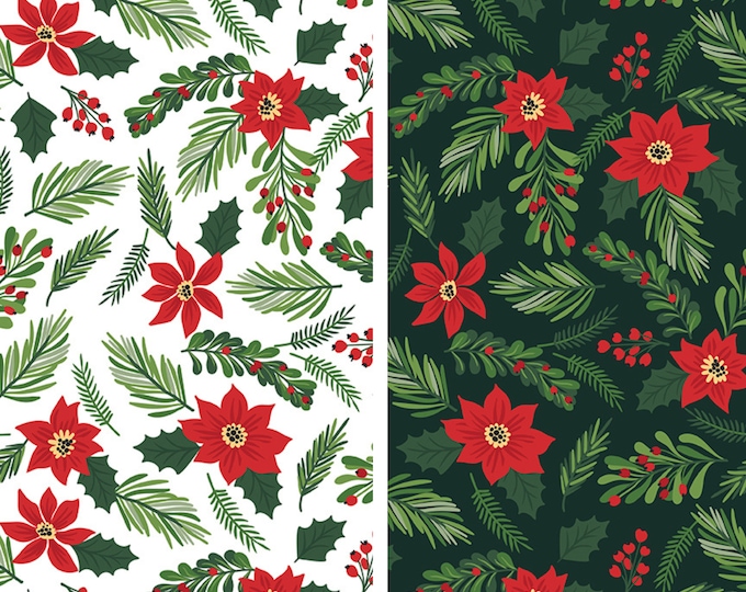 Poinsettia Fabric, Poinsettia Main on White or Dark Green the Magic of ...