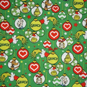 Grinch Fabric, the Grinch Holiday Ornaments on Green by Robert Kaufman ...