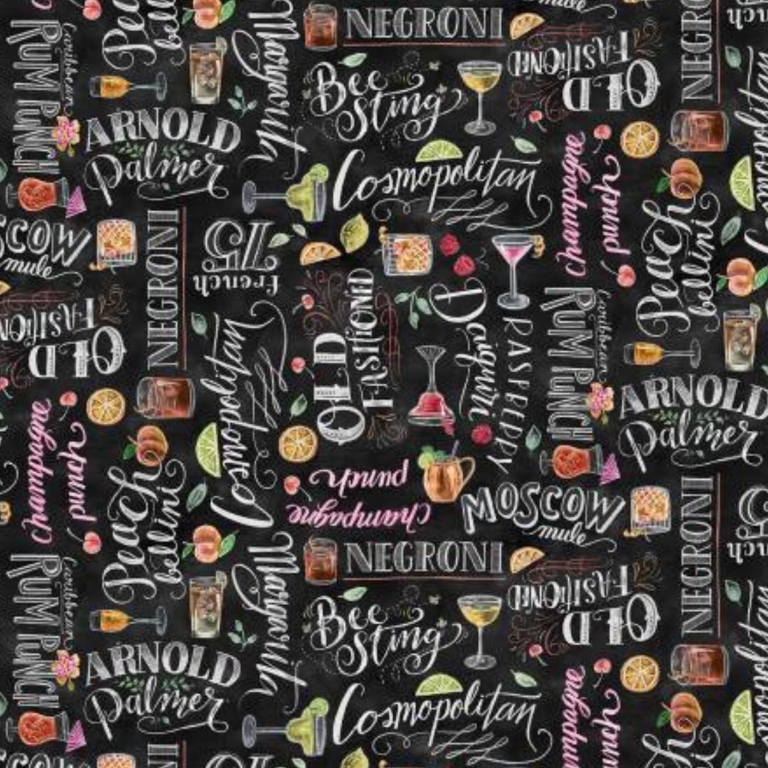Craft Cocktail Fabric, Signature Cocktails on Black Chalkboard by ...