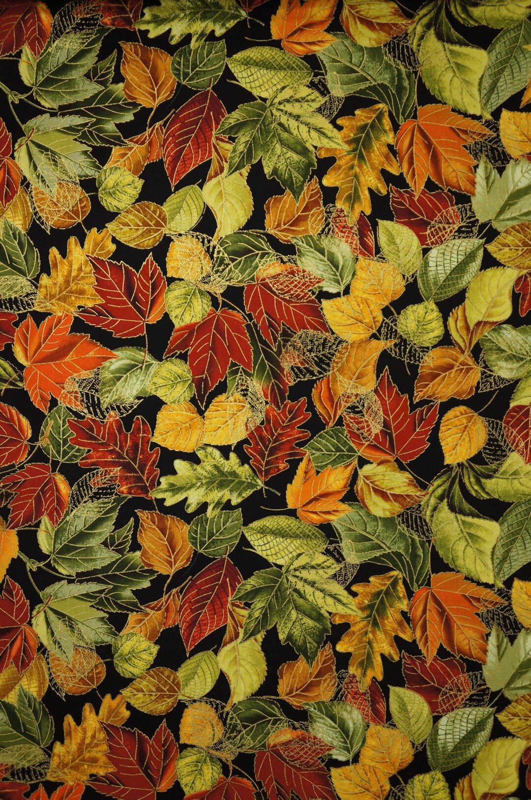 Fall Leaves Fabric, Fall Leaves Harvest on Black With Gold Metallic by ...