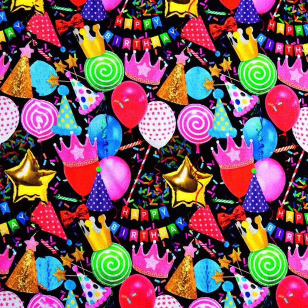 Happy Birthday Fabric, Party Time on Black Novelty Cotton Fabric ...