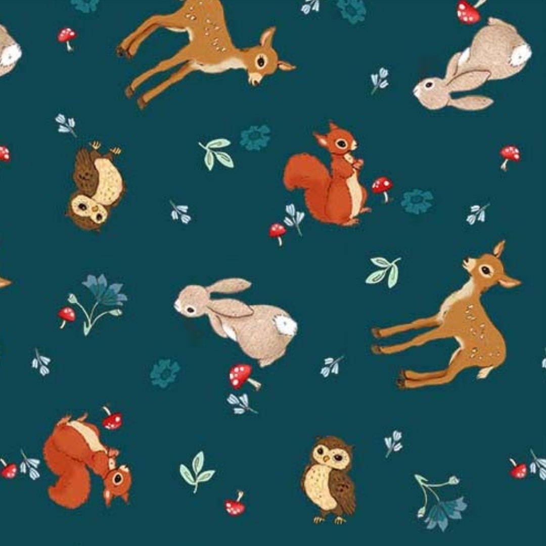 Woodland Animal Fabric, Forest Babies in Spruce Green Midnight Forest ...