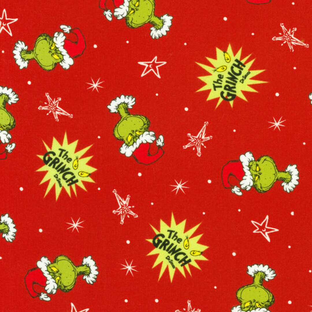 Grinch Fabric, Red Grinch Head Toss With Stars, How the Grinch Stole ...