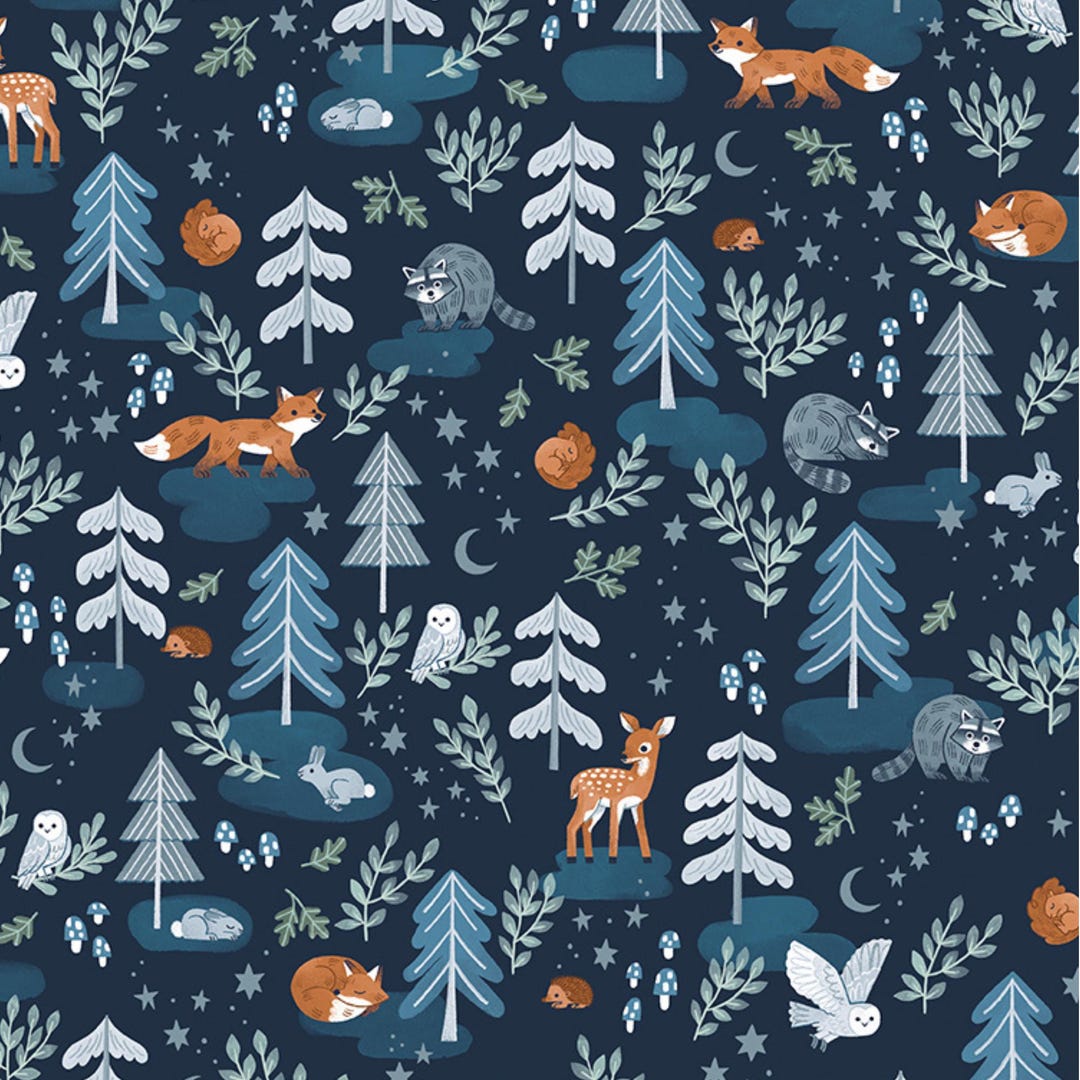 Woodland Animal Fabric, Main Twilight Creatures on Indigo Blue by ...
