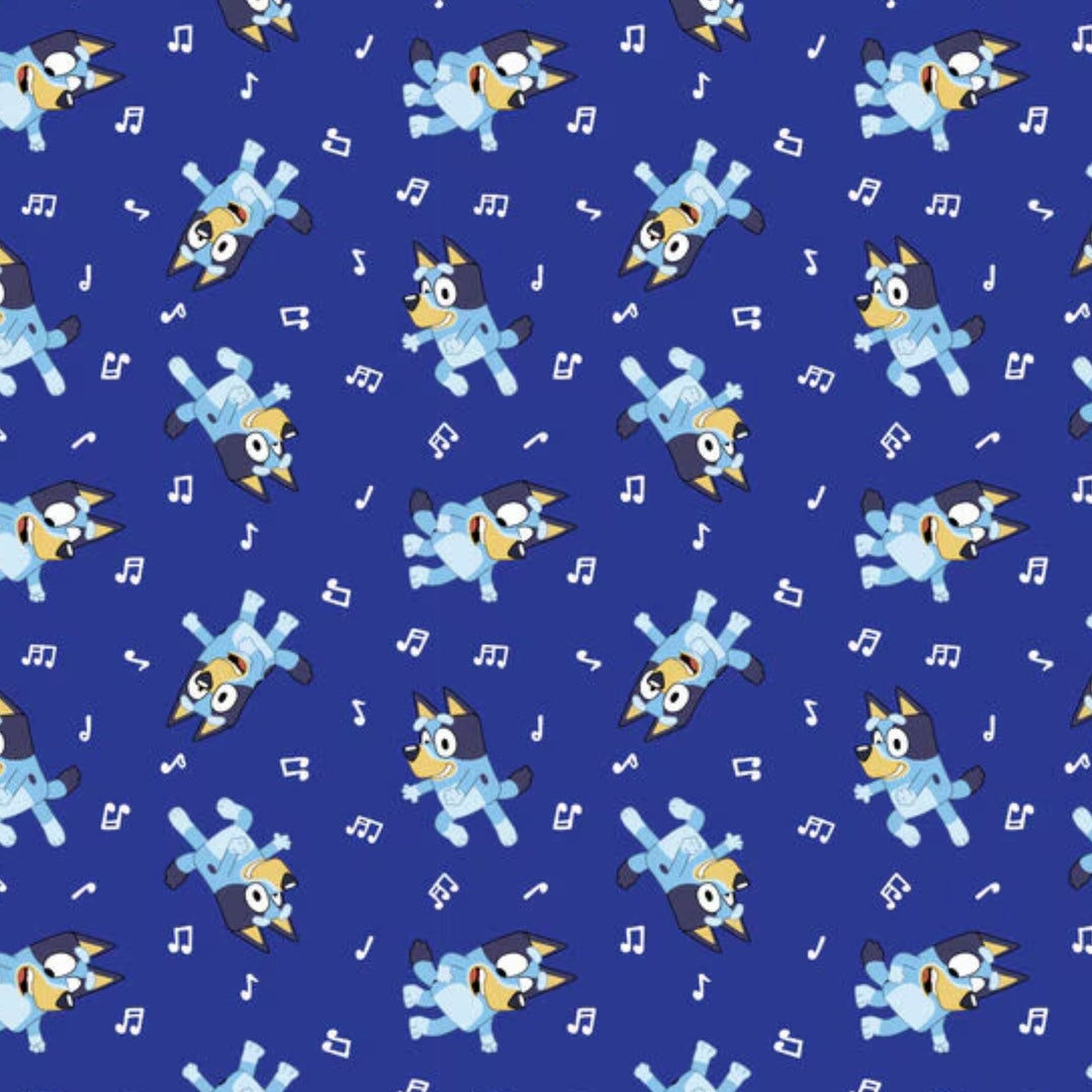 Bluey Fabric, Disney Junior Bluey Dance Mode Music on Dark Blue ...