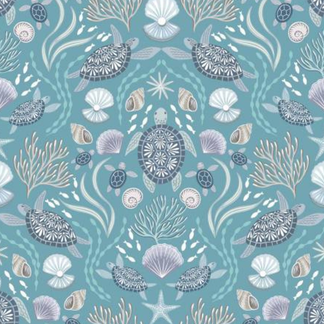 Sea Turtle Fabric, Sea Turtle Family on Ocean Blue With Pearlescent ...