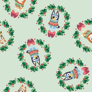 Bluey Christmas Fabric, Bluey and Bingo Wreaths on Light Green Licensed ...