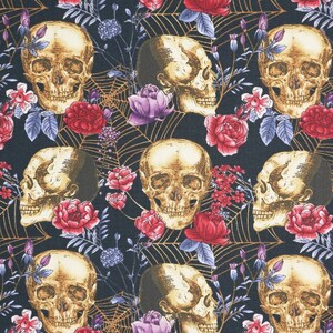 Skulls Fabric, Skulls and Floral Fabric, Black Skulls and Floral Bones ...