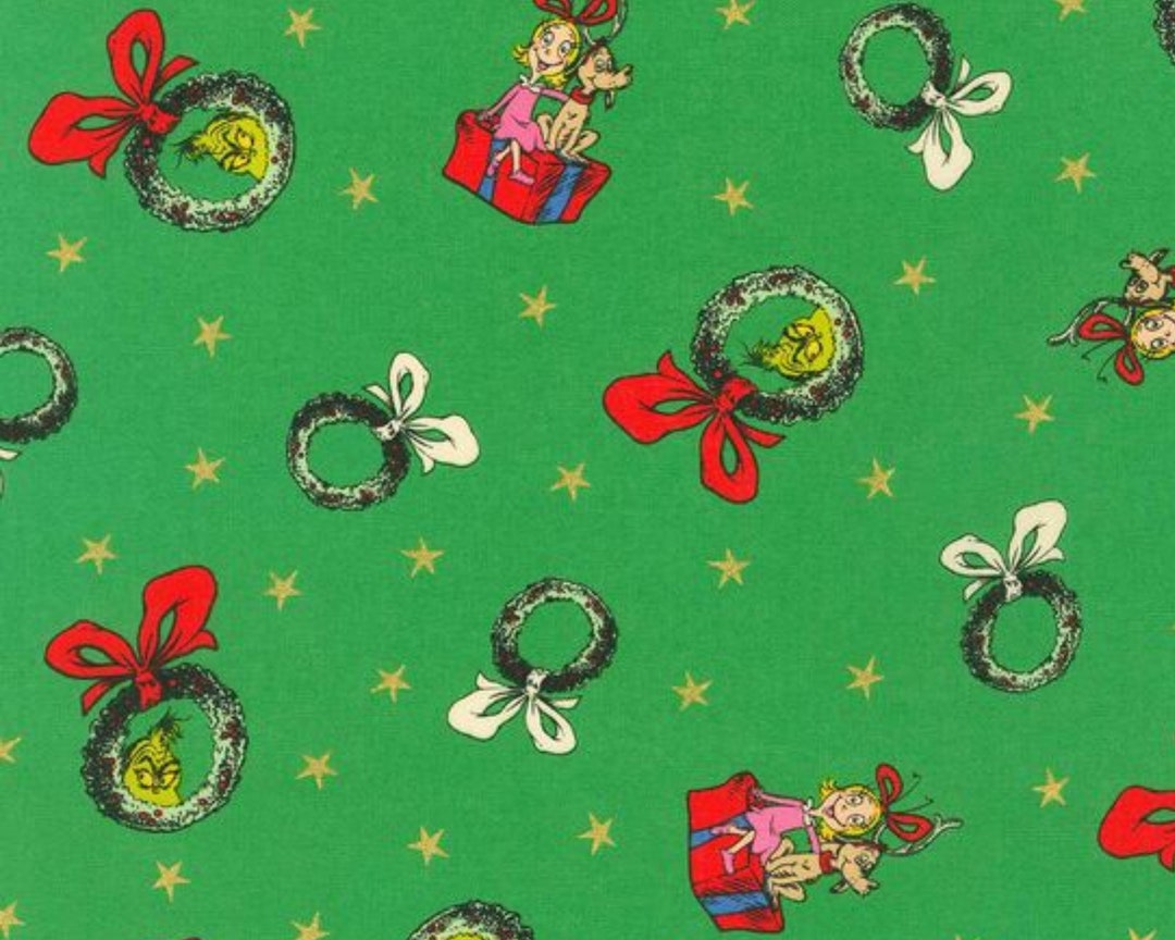 Grinch Fabric, Grinch Wreaths Metallic Stars on Green How the Grinch ...
