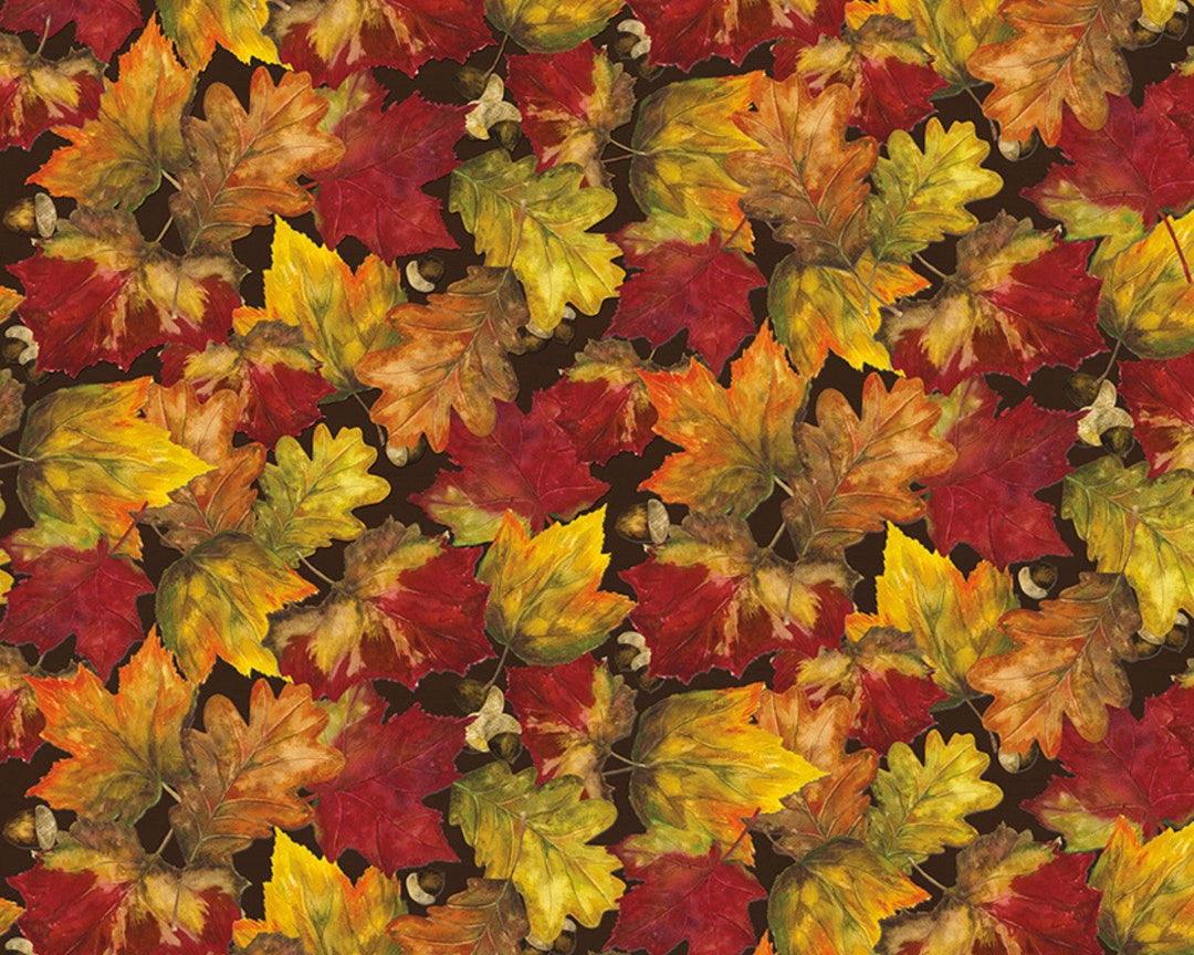 Fall Leaves Fabric, Fall Barn Quilts Foliage on Brown Digitally Printed ...