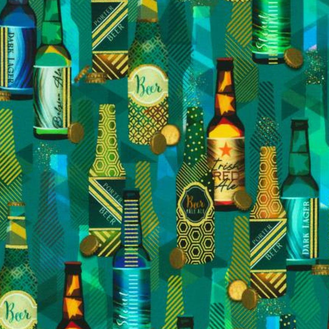 Beer Fabric, Beer Bottles on Teal With Metallic Accents by Robert ...