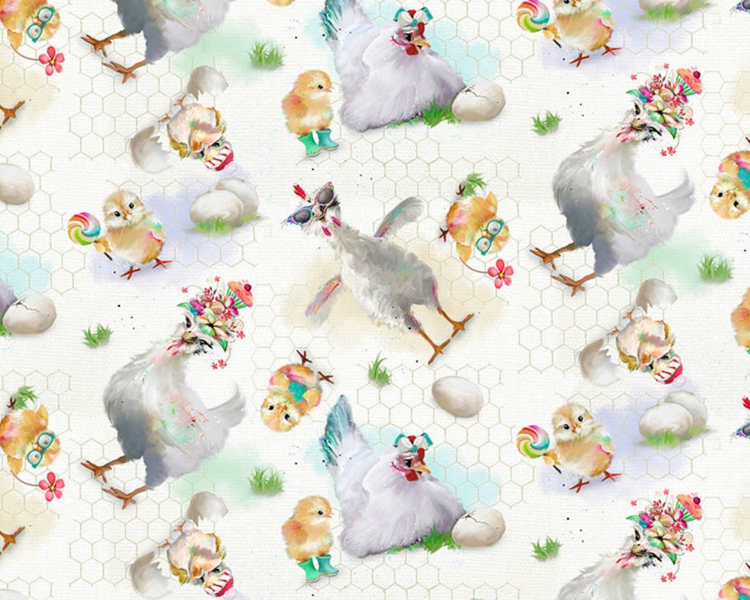 Chicken and Baby Chick Fabric, Welcome to the Funny Farm by 3 Wishes ...
