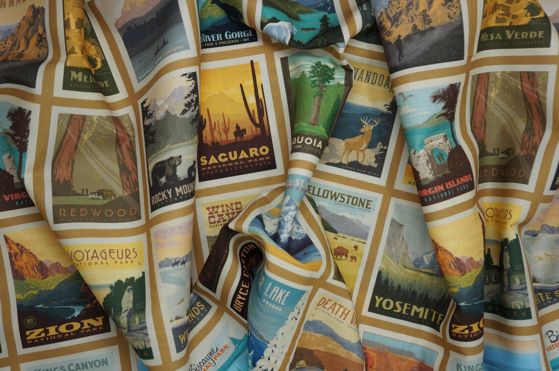 National Park Fabric, National Park Posters on Brown by Riley Blake ...