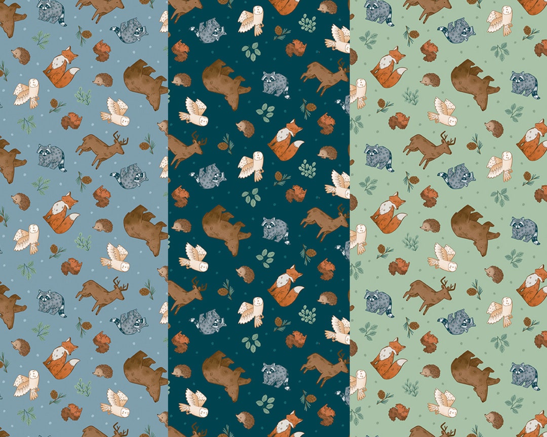 Woodland Animal Flannel Fabric, Camp Woodland Animals Light Blue, Navy ...