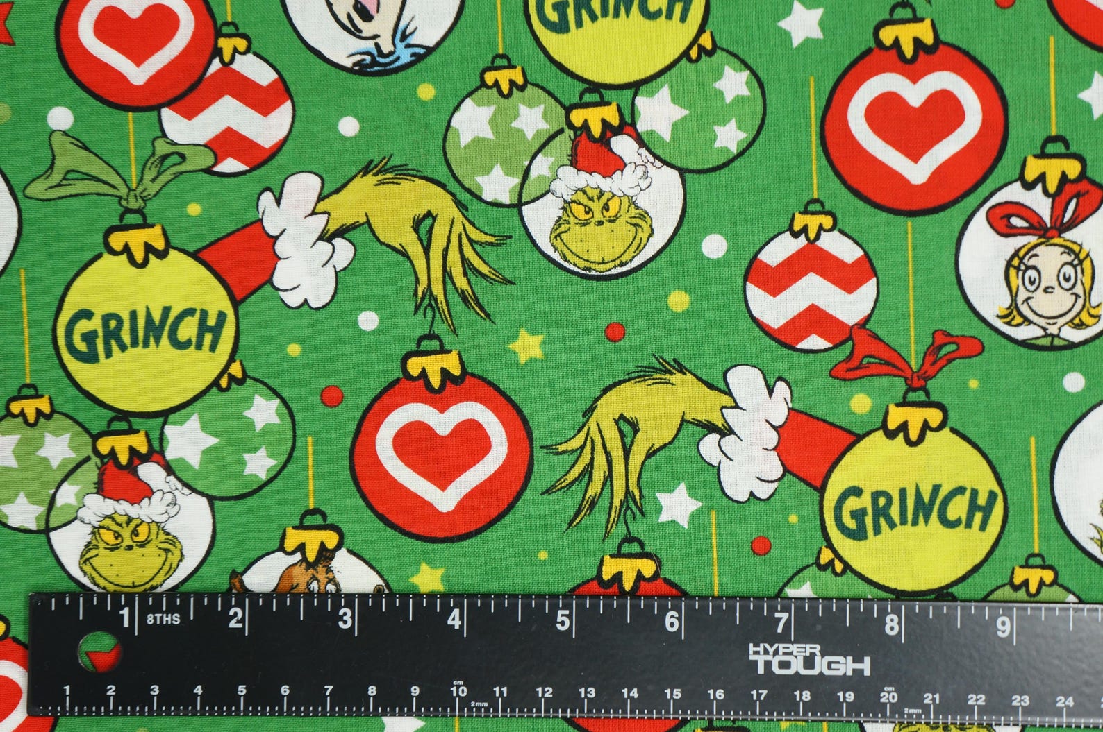 Grinch Fabric, the Grinch Holiday Ornaments on Green by Robert Kaufman ...