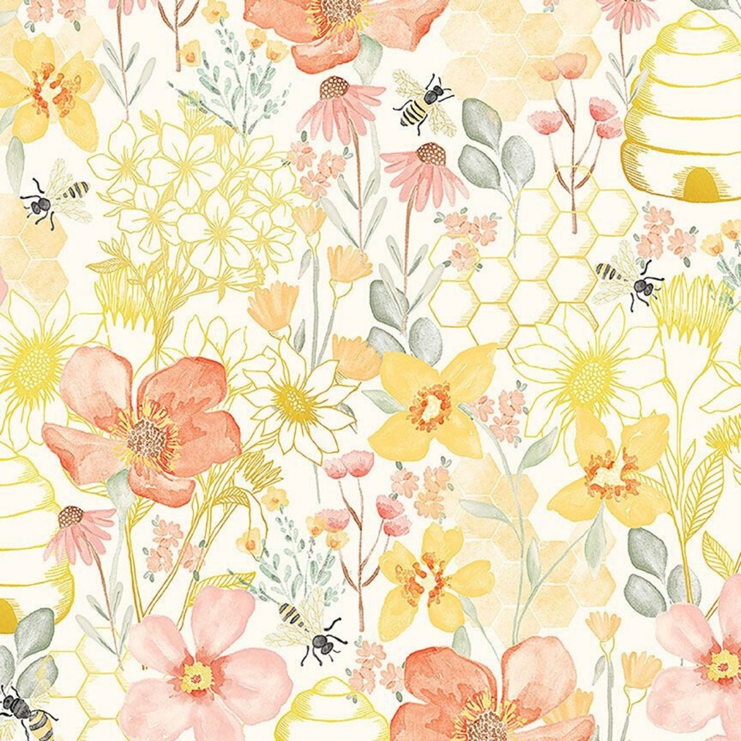 Honey Bee Fabric, Large Beehive Garden Floral Home Sweet Home by ...