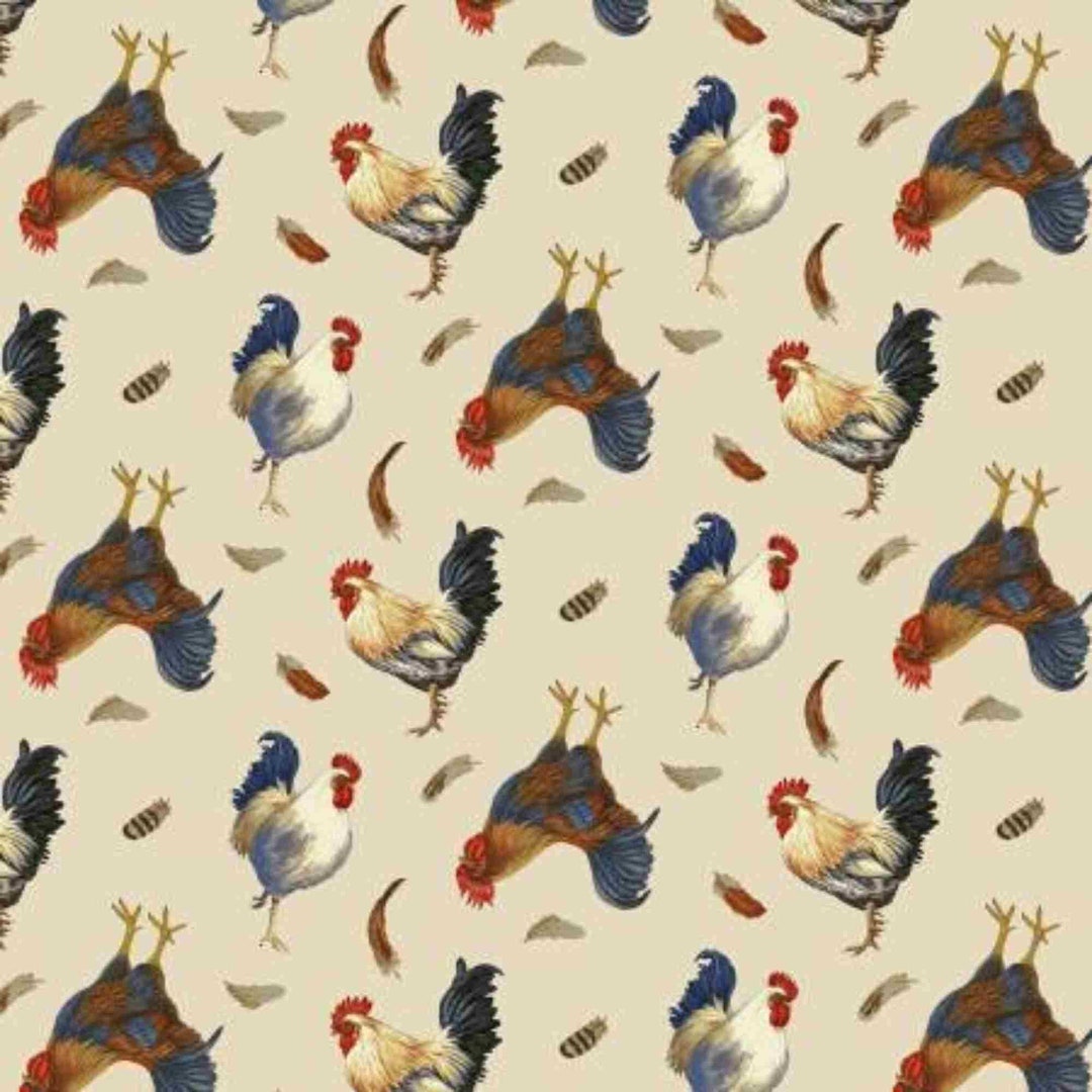 Chicken Fabric, Tossed Roosters and Chickens on Cream the Chicken Club ...