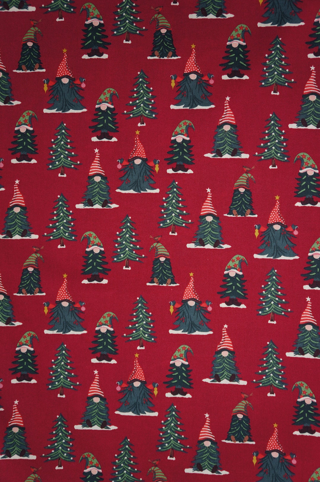 Holiday Gnomes in Christmas Trees on Red Novelty Cotton Fabric, Gnomey ...