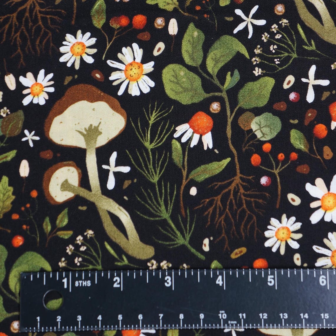 Mushroom Floral Fabric, Woodland Mushrooms on Black by David Textiles ...