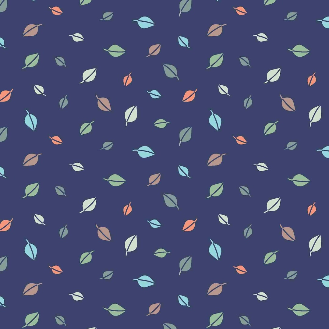 Forest Leaves Flannel Fabric, Forest Leaves Tossed on Navy Cozy Forest ...