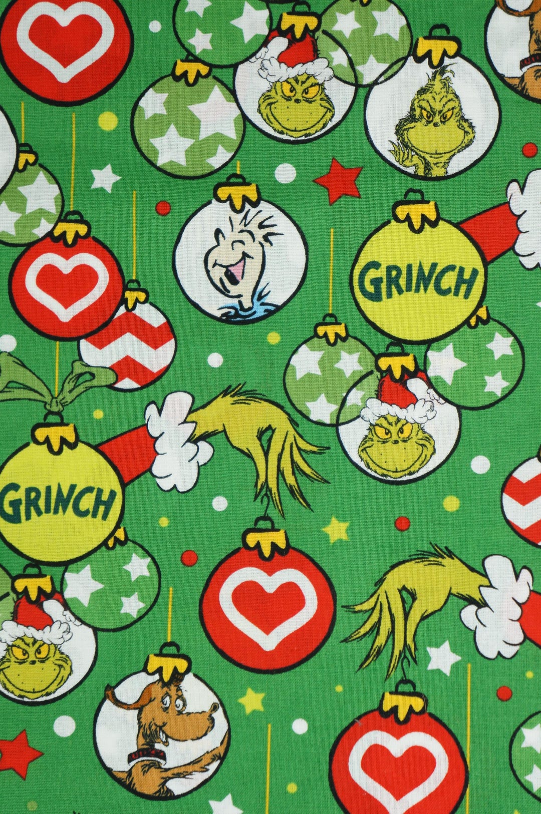 Grinch Fabric, the Grinch Holiday Ornaments on Green by Robert Kaufman ...