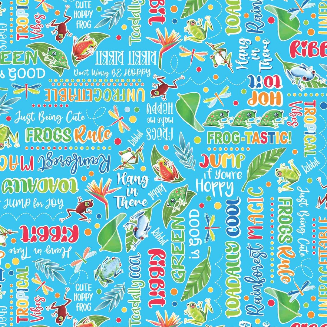 Frog Words Fabric, Frog-tastic Words Glow on Medium Turquoise by Kanvas ...