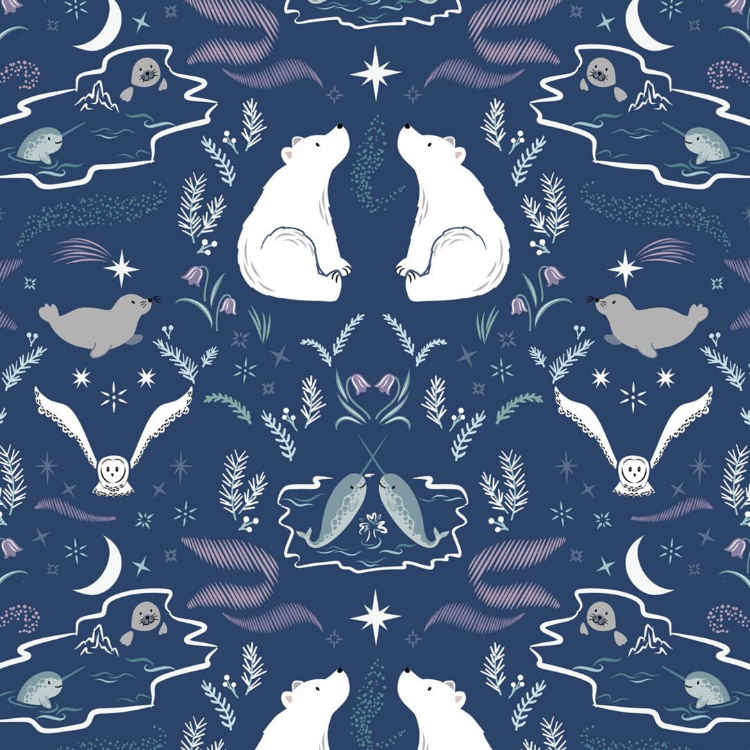 Arctic Animal Fabric, True North on Midnight Blue by Lewis and Irene ...