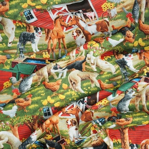 Farm Animal Fabric, A Happy Neighborhood by David Textiles Novelty ...