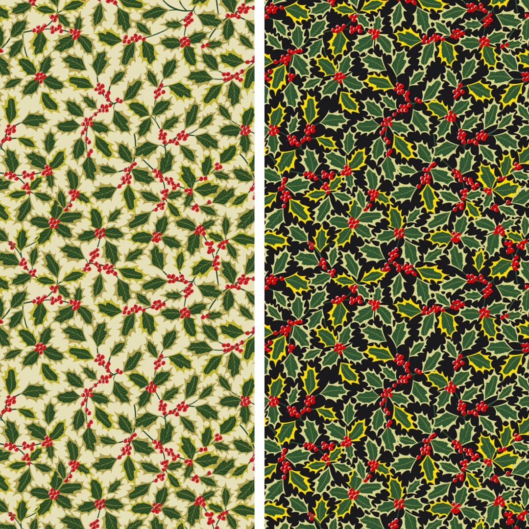 Christmas Holly Fabric, Holly on Cream or Black With Gold Metallic ...